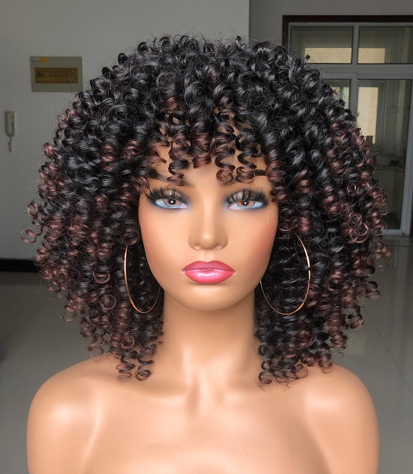 ISAMY Curly Afro Wig with Bangs Short Kinky Curly Wigs for Black Women ...