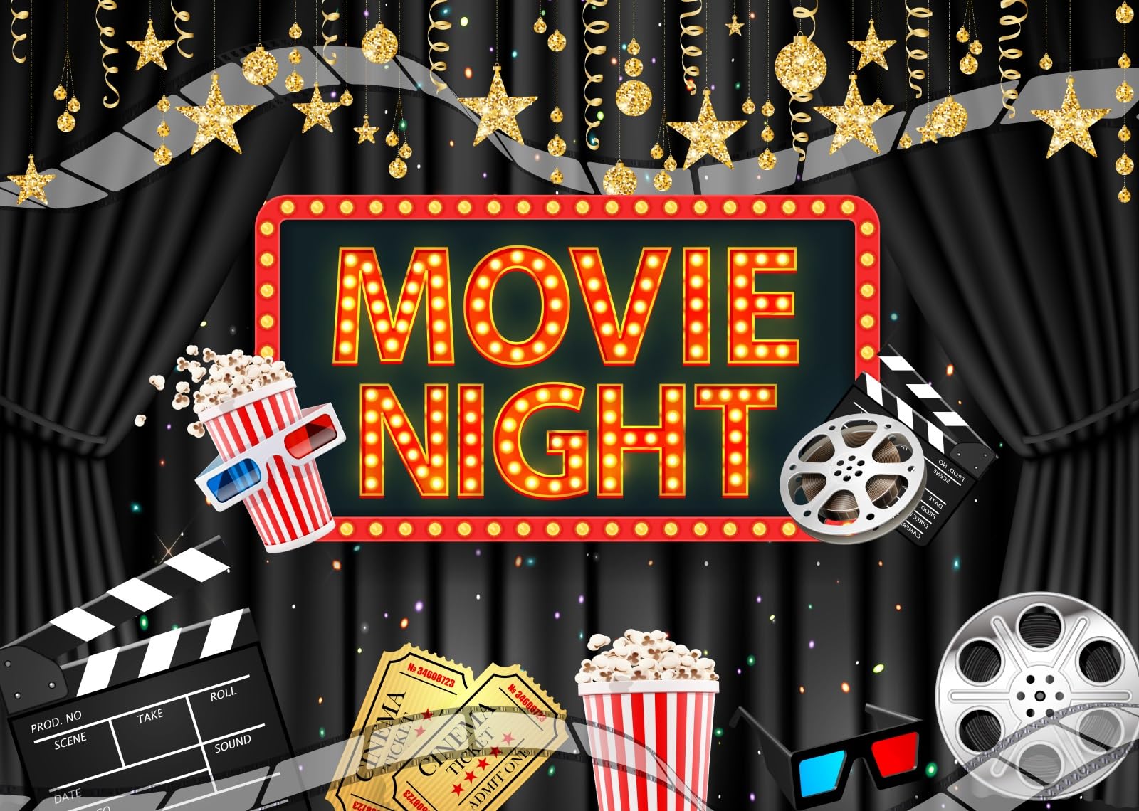 Amazon.com : CORFOTO Movie Night Backdrop Fabric 7x5ft Cinema Popcorn ...