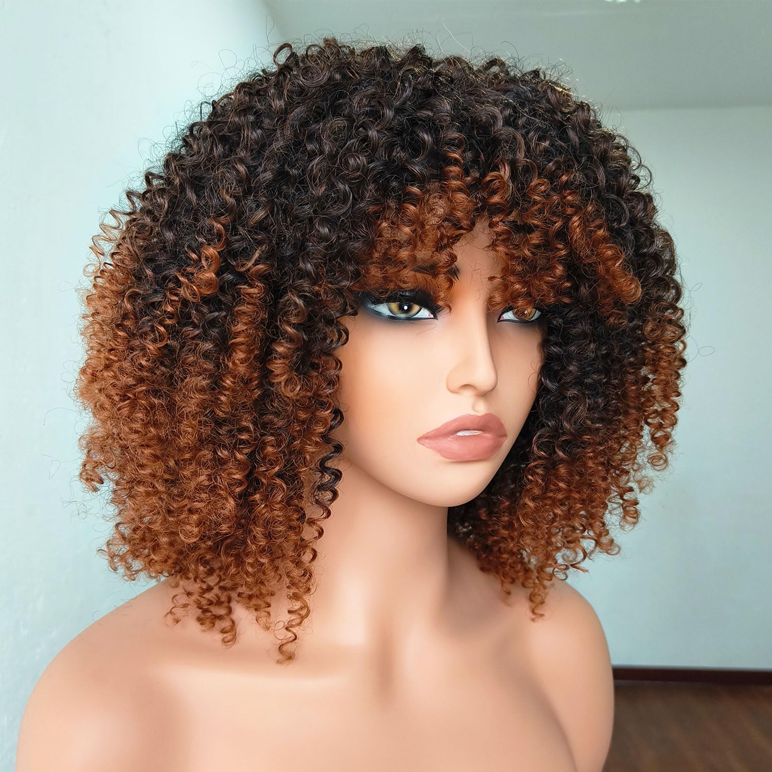 Amazon.com : Afro Kinky Curly Wig Brown With Bangs - Synthetic Short ...