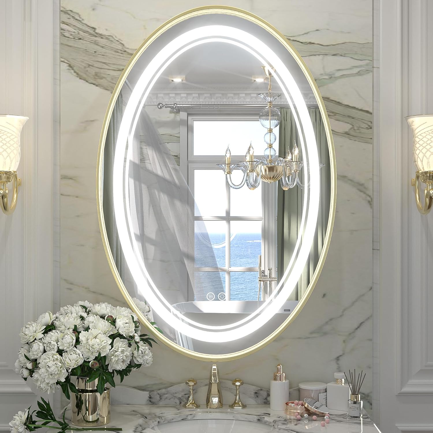 Keonjinn 24 x 36 Inch Brushed Gold Oval LED Mirror for Bathroom 3 Color ...