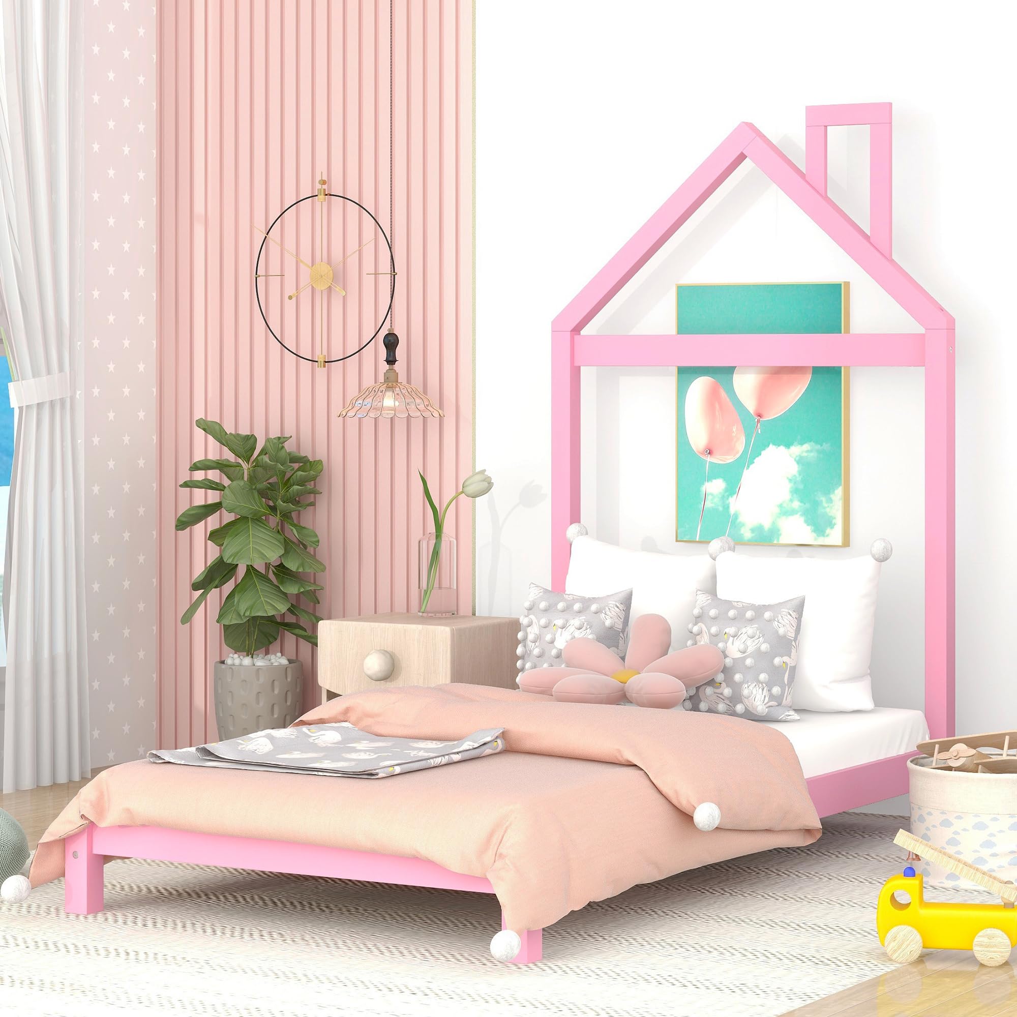 Twin Bed Frame with Headboard and Chimney, Girls Bed Frame/Low Bed ...