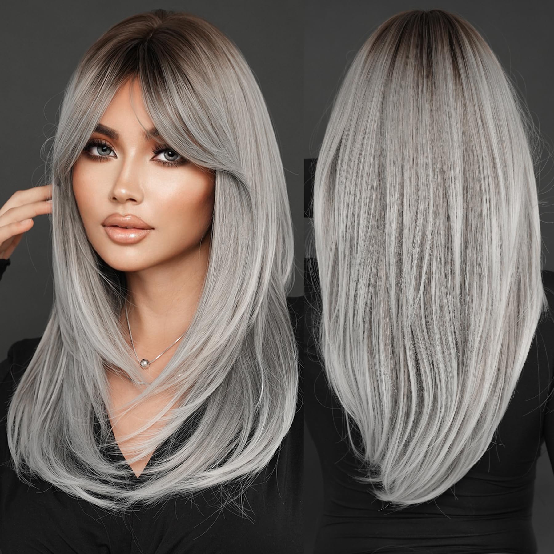 Amazon.com : 7JHH WIGS Grey Ombre Layered Wig with Curtain Bangs Long ...