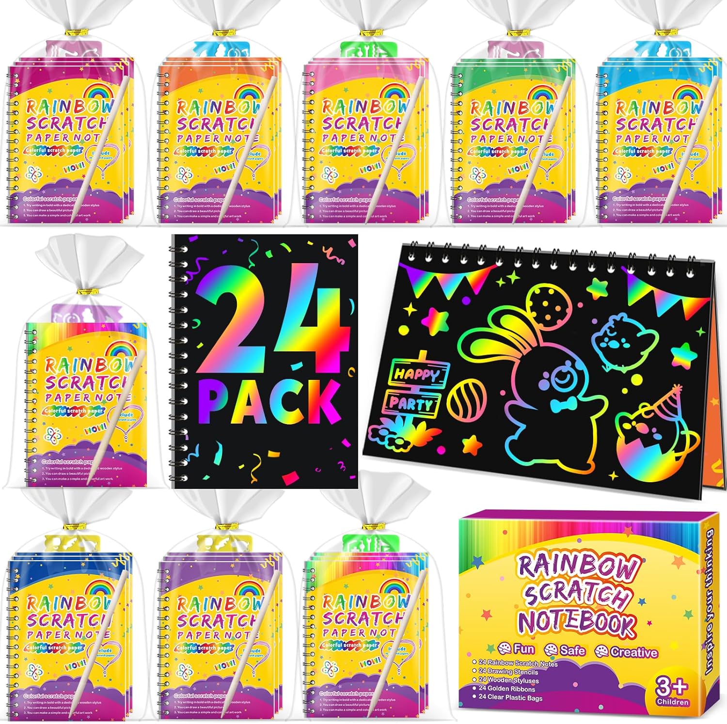 Amazon.com: Party Favors for Kids 4-8-12: 24 Pack Scratch Rainbow Art ...