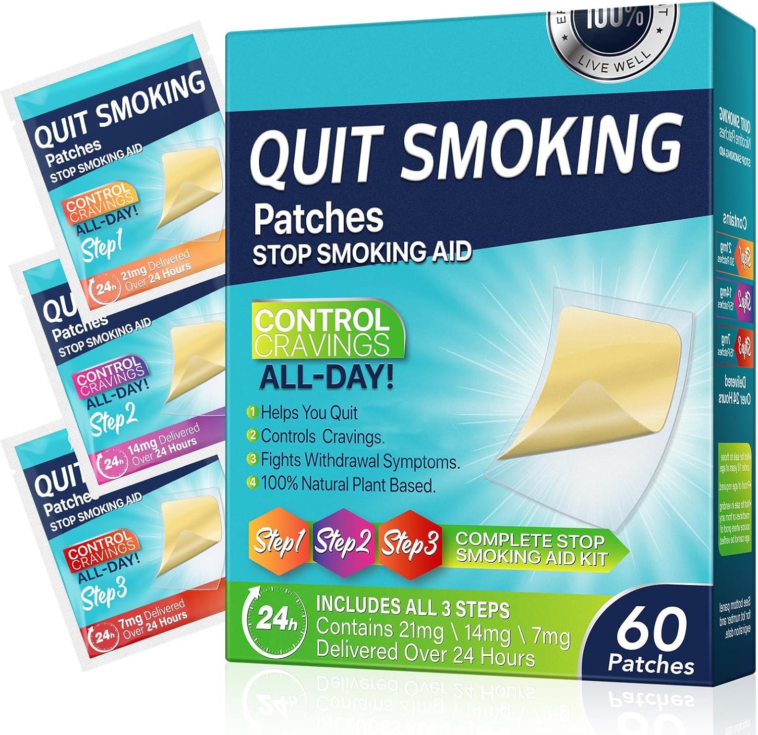 3 in 1Quit Smoking Nicotine Patches Kit, 21, 14, 7 mg Patches with 8 ...