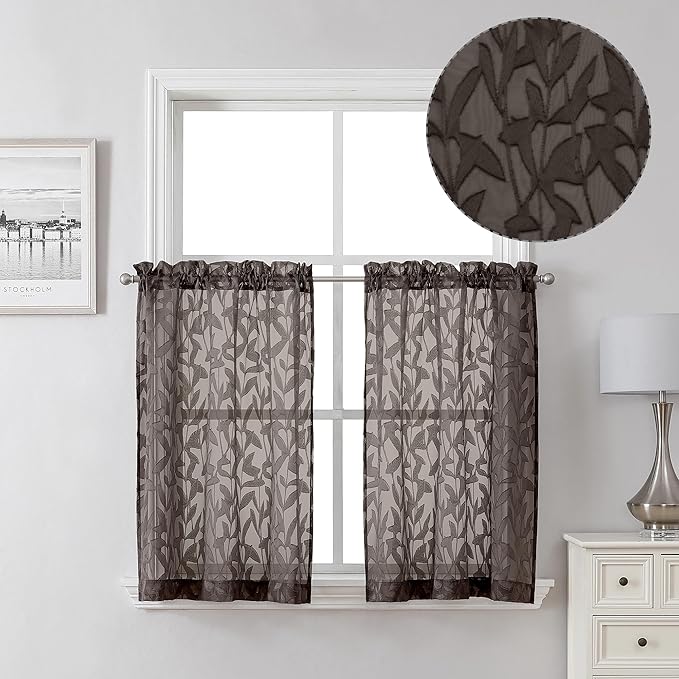 Amazon.com: Lecloud Leia 2 PCS Chocolate Brown Sheer Kitchen Curtains ...
