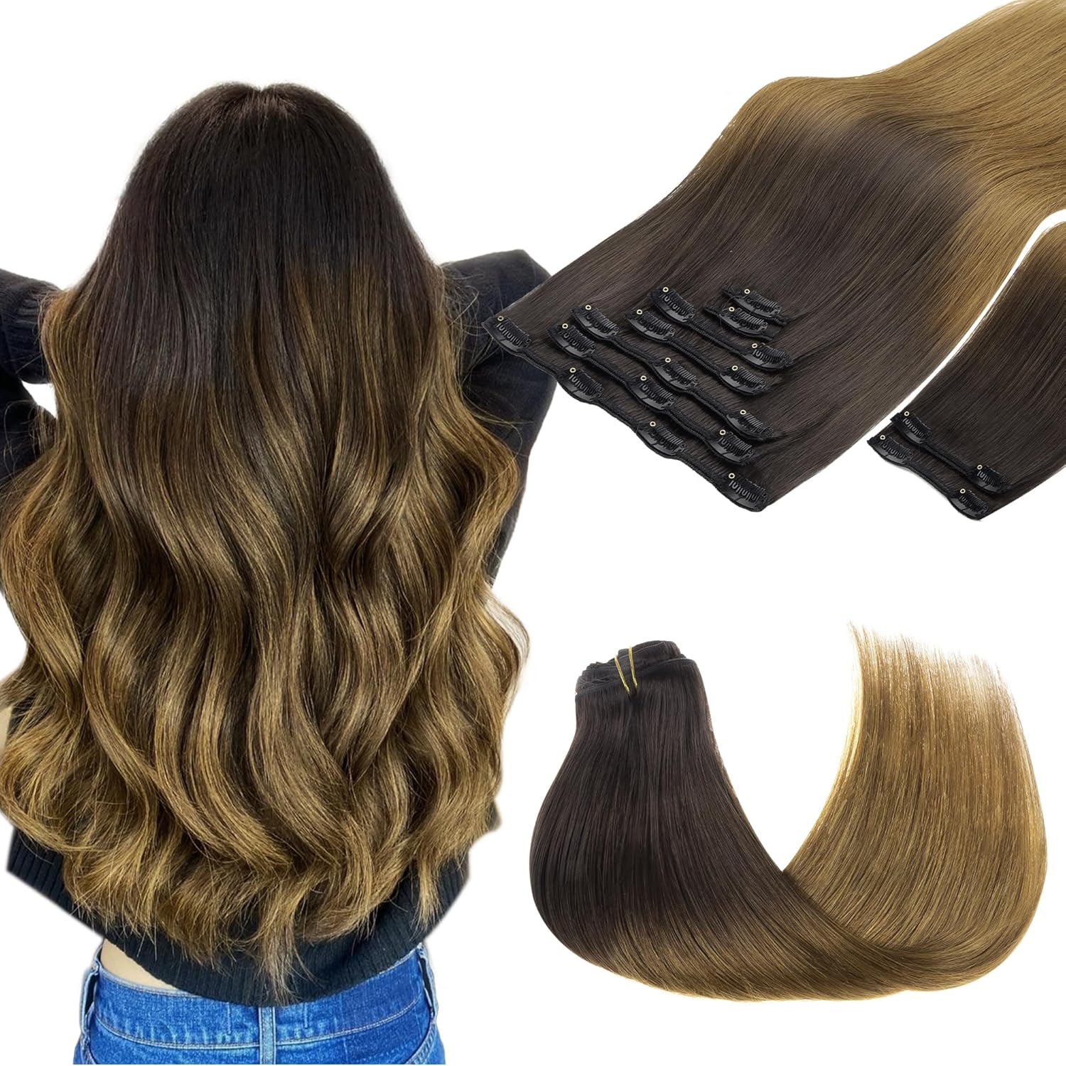 Amazon.com : GOO GOO Clip in Hair Extensions Real Human Hair, 16inch ...