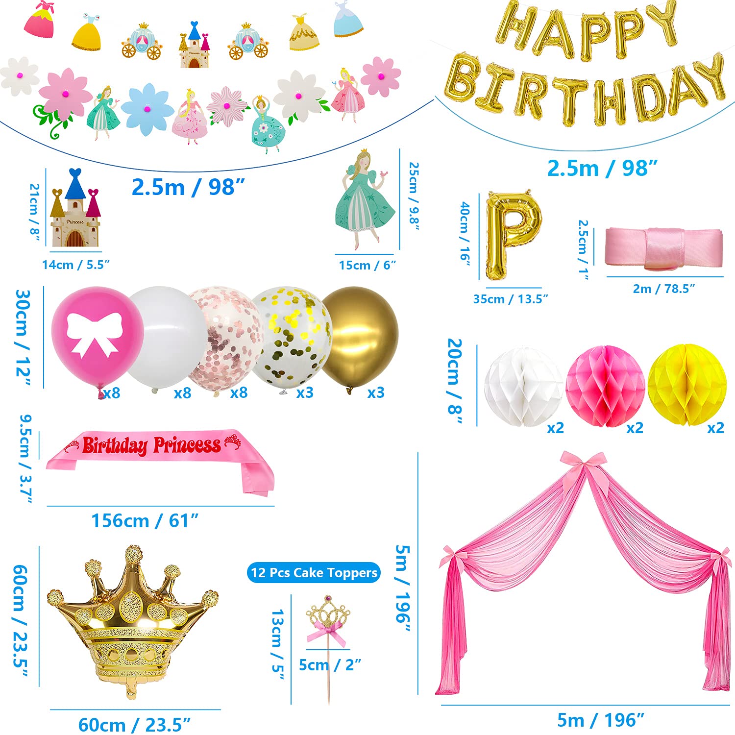 Buy Princess Party Supplies, Tulle Backdrop, Gold Happy Birthday ...