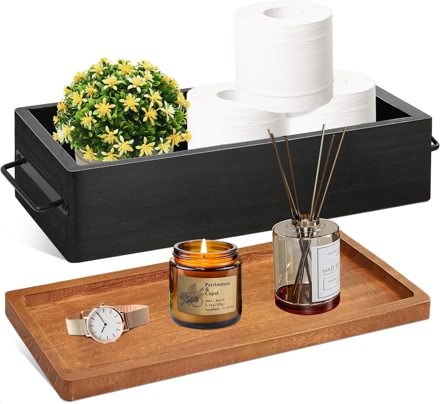Amazon.com: Bathroom Decor Box with Artificial Flower and Wood Tray 3 ...