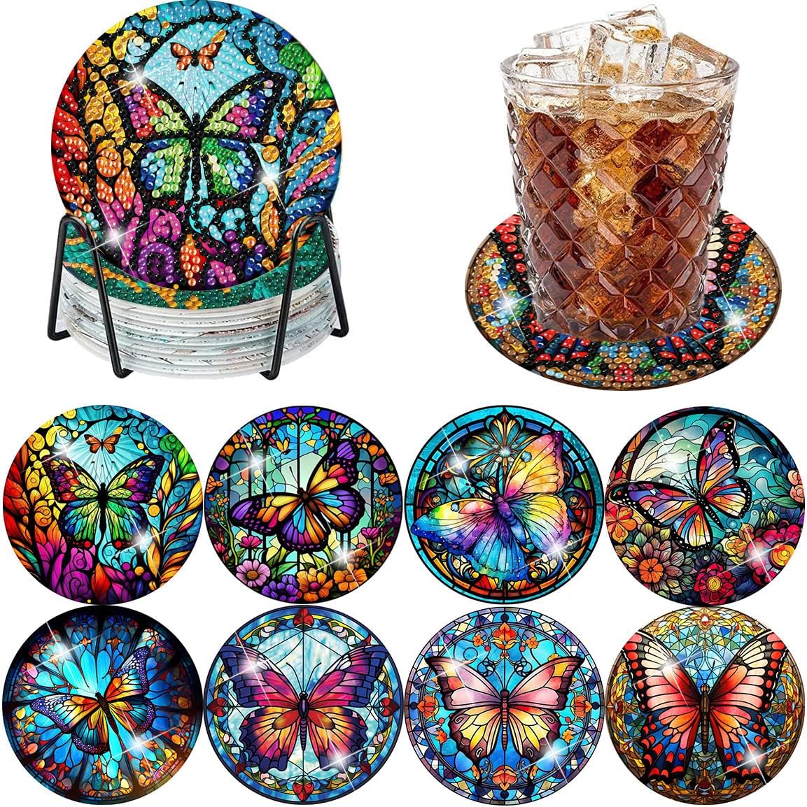 Amazon.com: Axquilon 8 Pack Diamond Art Coasters Kit-Butterfly Diamond ...