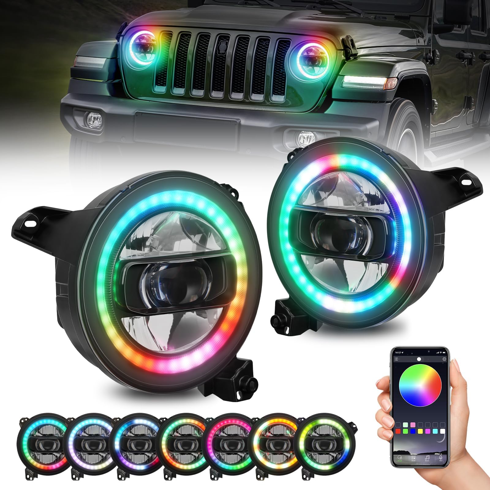 Amazon.com: CAFOPAR 9 Inch RGB LED Headlights, DOT RGB Halo Headlight ...