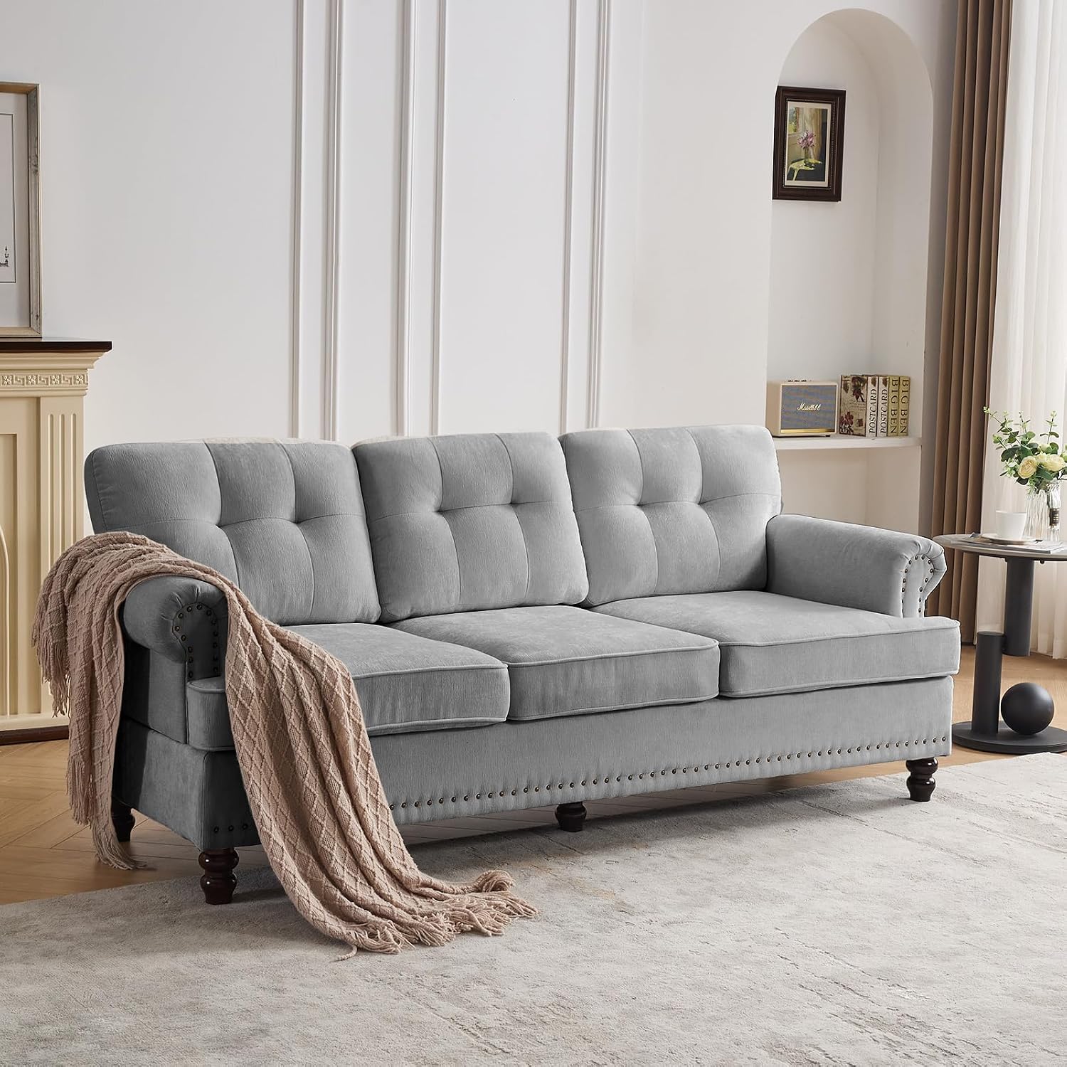 Amazon.com: Tufted 3 Seater Sofa Couch, Rolled Arms Mid Century Modern ...