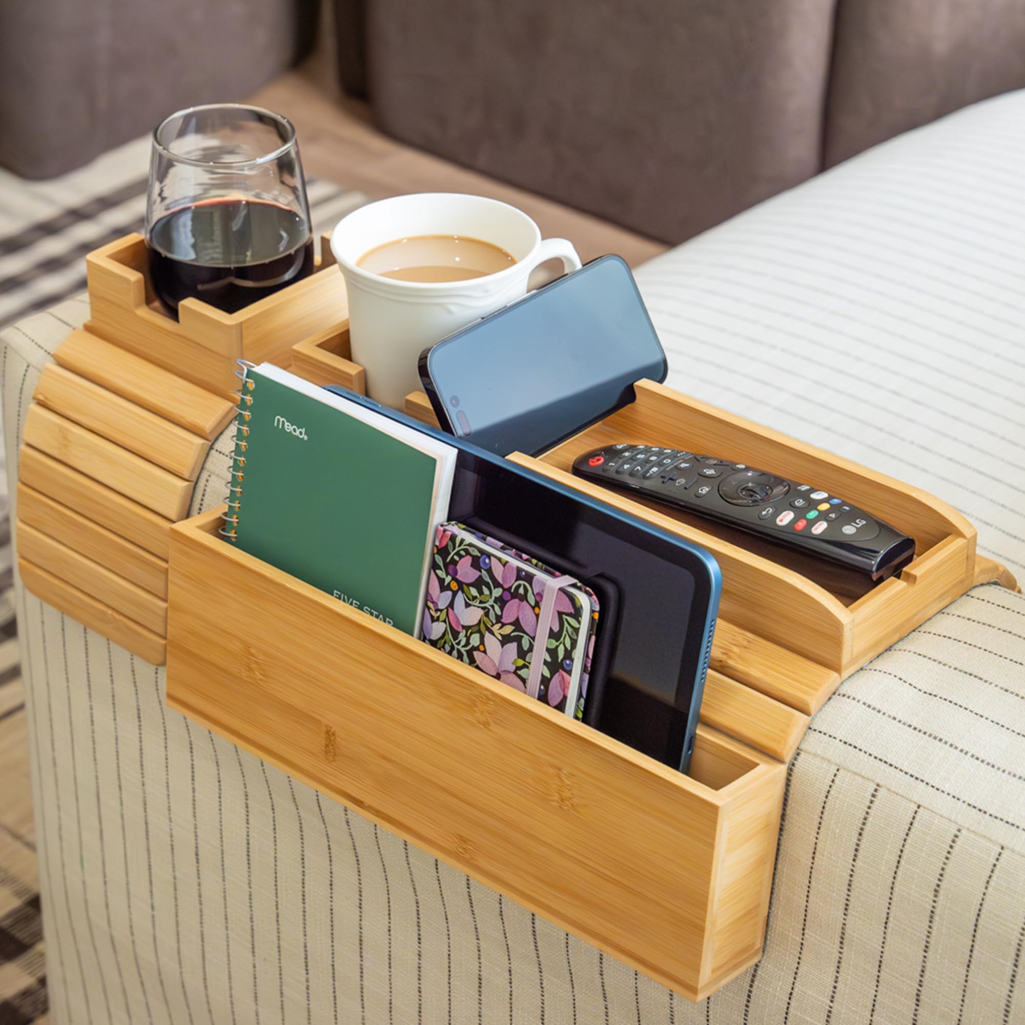 Amazon.com: Bamboo Couch Cup Holder with Side Storage Pocket & Phone ...
