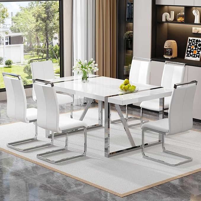 Amazon.com - White Dining Table Set for 6，Rectangular MDF Kitchen Table and Leather Dining ...