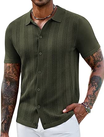 COOFANDY Men's Knit Shirts Short Sleeve Casual Button Down Polo Shirt Summer Beach Vacation ...