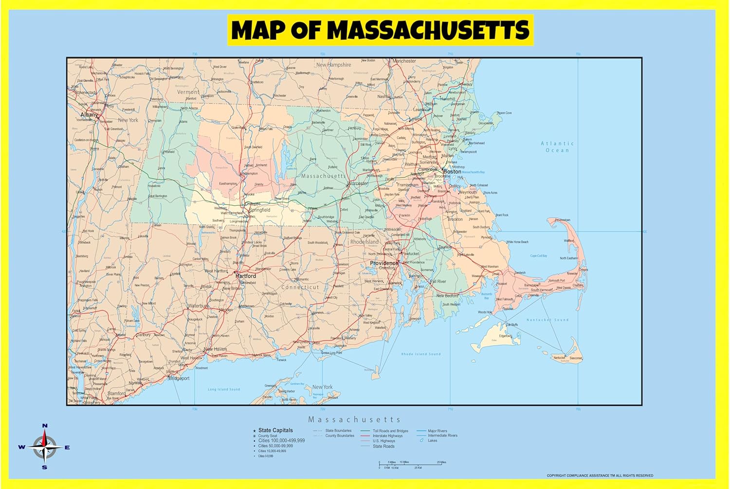 Amazon.com: Map Of Massachusetts Style C - 36x60 - Laminated Wall Map ...