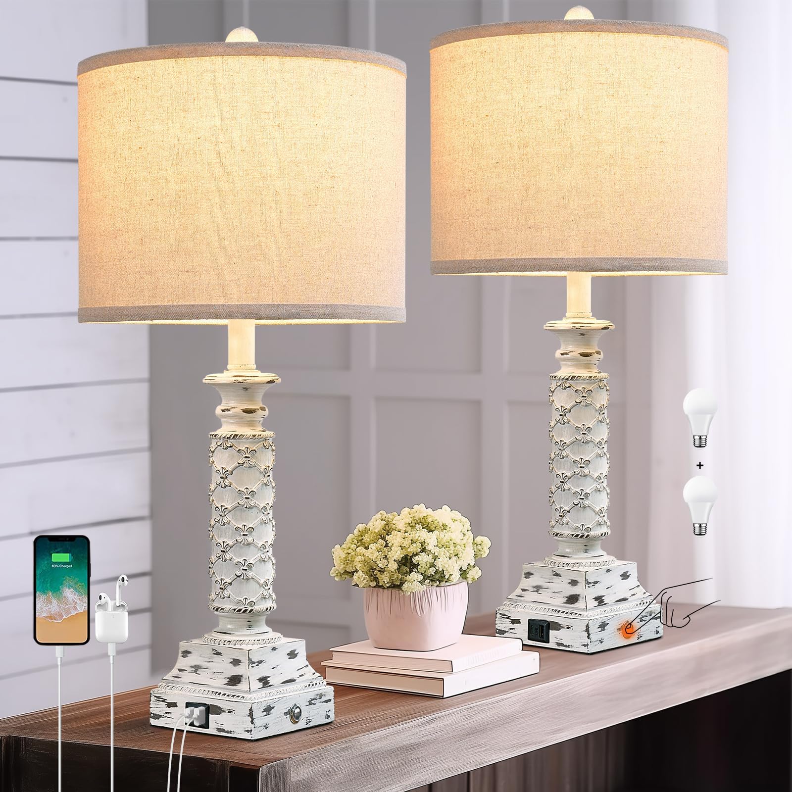 Farmhouse Touch Lamps for Living Room Set of 2, 3-Way Dimmable Rustic ...