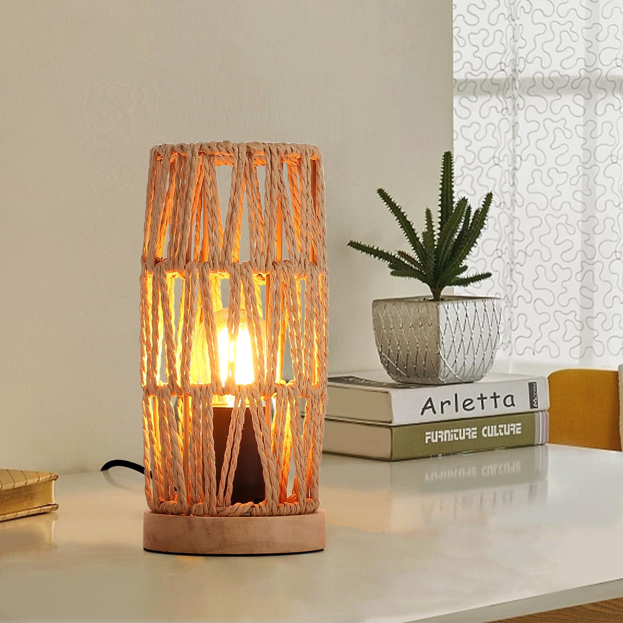 SUNLLOK Boho Nachttischlampe mit Holz Sockel, Retro Rattan Lampe Kleine ...
