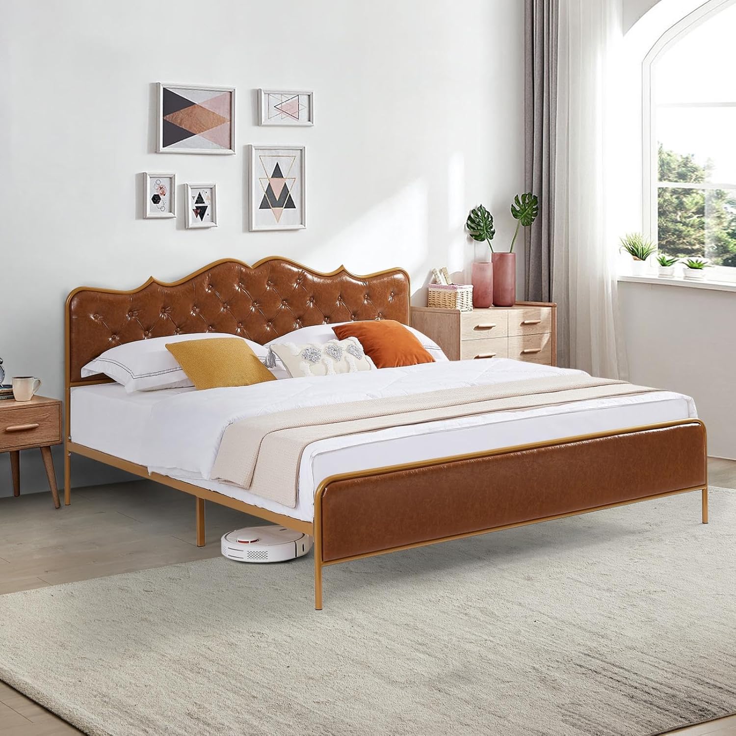 Amazon.com: Dolonm King Size Classic Buckle Backrest Platform Bed Frame ...