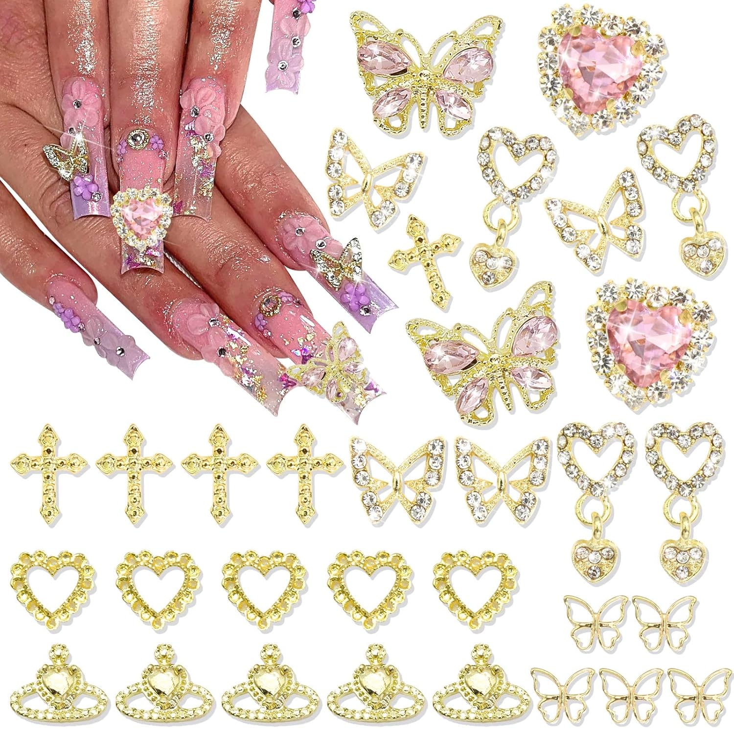 Amazon.com: RODAKY 32PCS Butterfly Nail Charms Gold Cross Nail Art ...