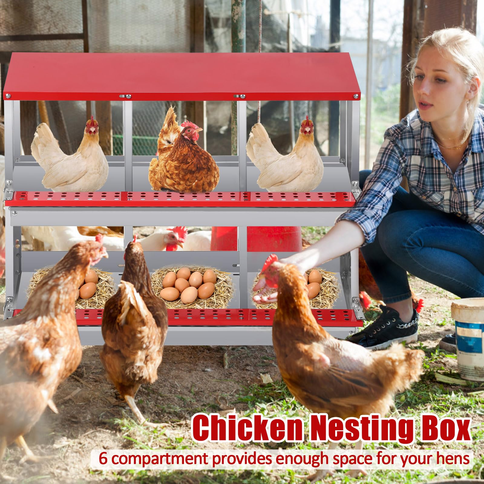 Chicken Nesting Box, 6 Compartment Metal Chicken Laying Box with Vented ...