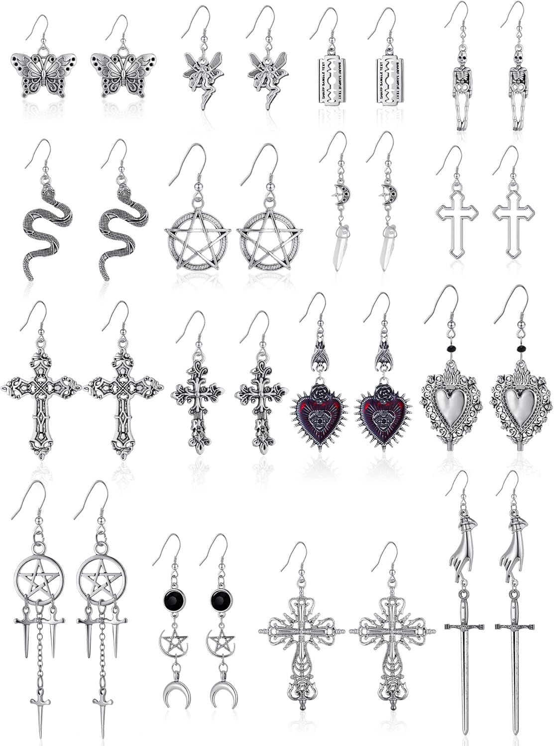 16 Pairs Gothic Earring Set, Metal Punk Y2k Silver Snake Butterfly ...