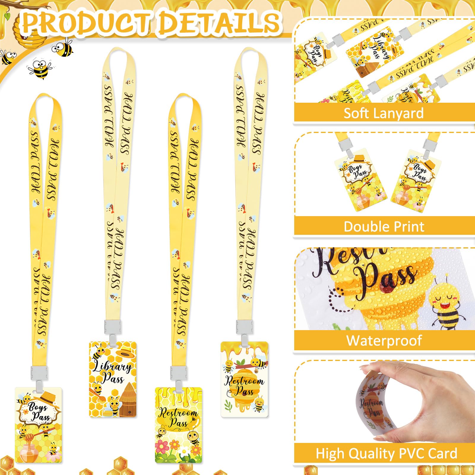 Snapklik.com : 8 Set PVC Hall Pass Lanyards Bee Theme Unbreakable Hall ...