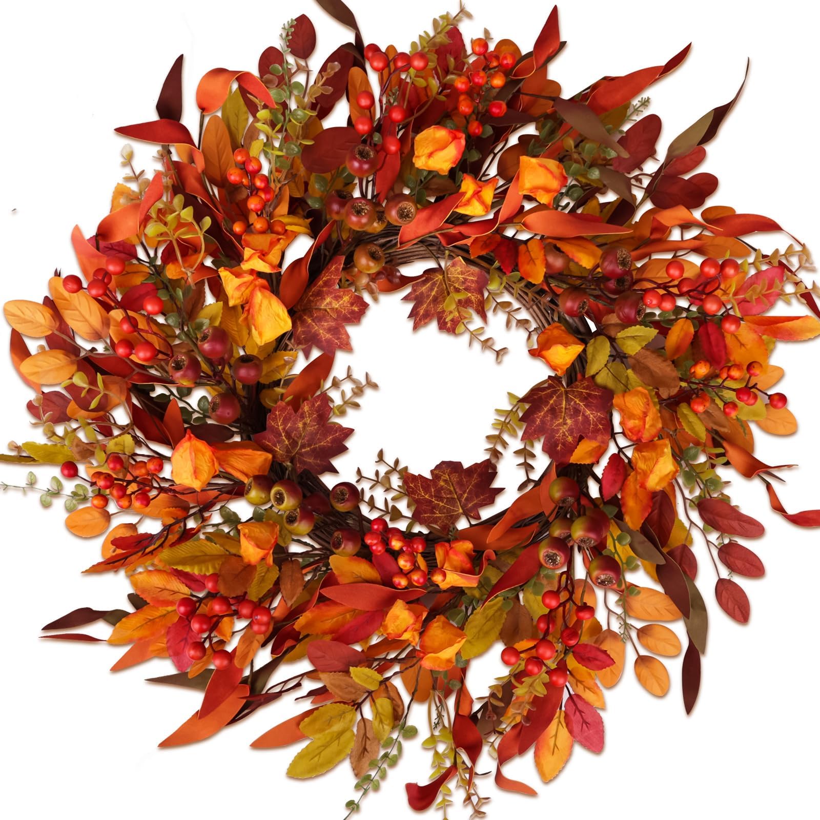 Amazon.com: 24" Fall Wreath for Front Door, Orange Faux Maple Leaves ...