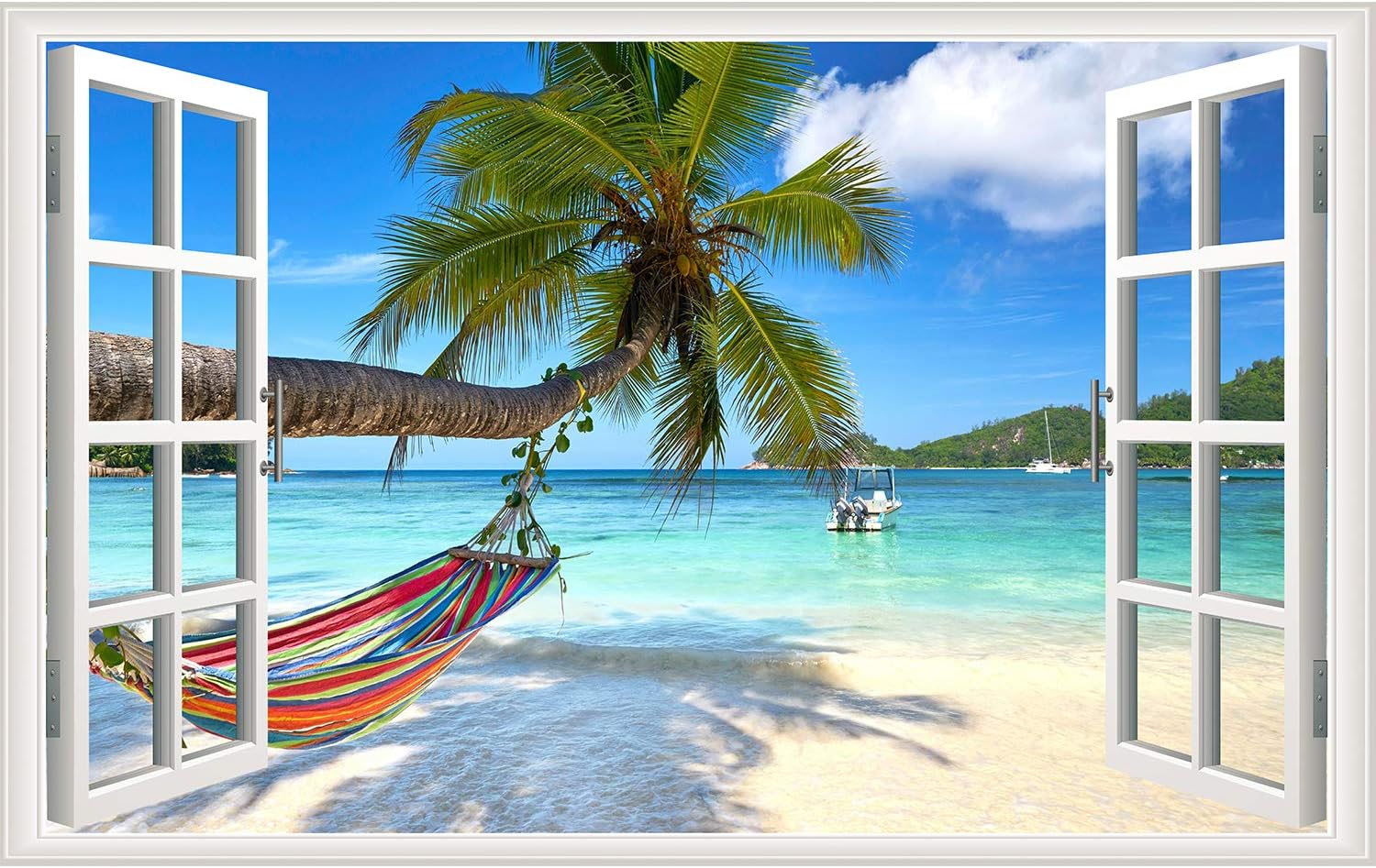 Rajahubri Beach Seascape Window Wall Sticker Palm Tree and Hammock Fake ...
