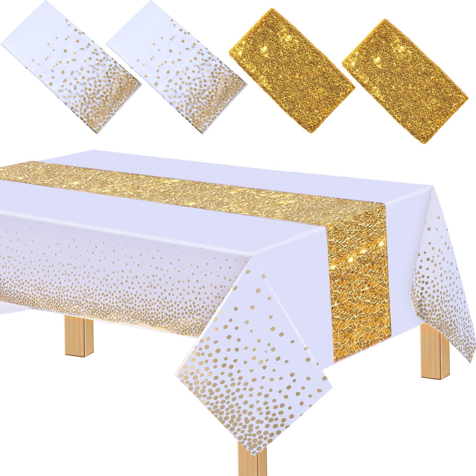 Amazon.com: 4pcs White/Gold Tablecloths, Disposable Plastic Tablecloths ...