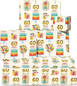 60th Birthday Wrapping Paper for Women - 6 Sheets of Gift Wrap - Party ...