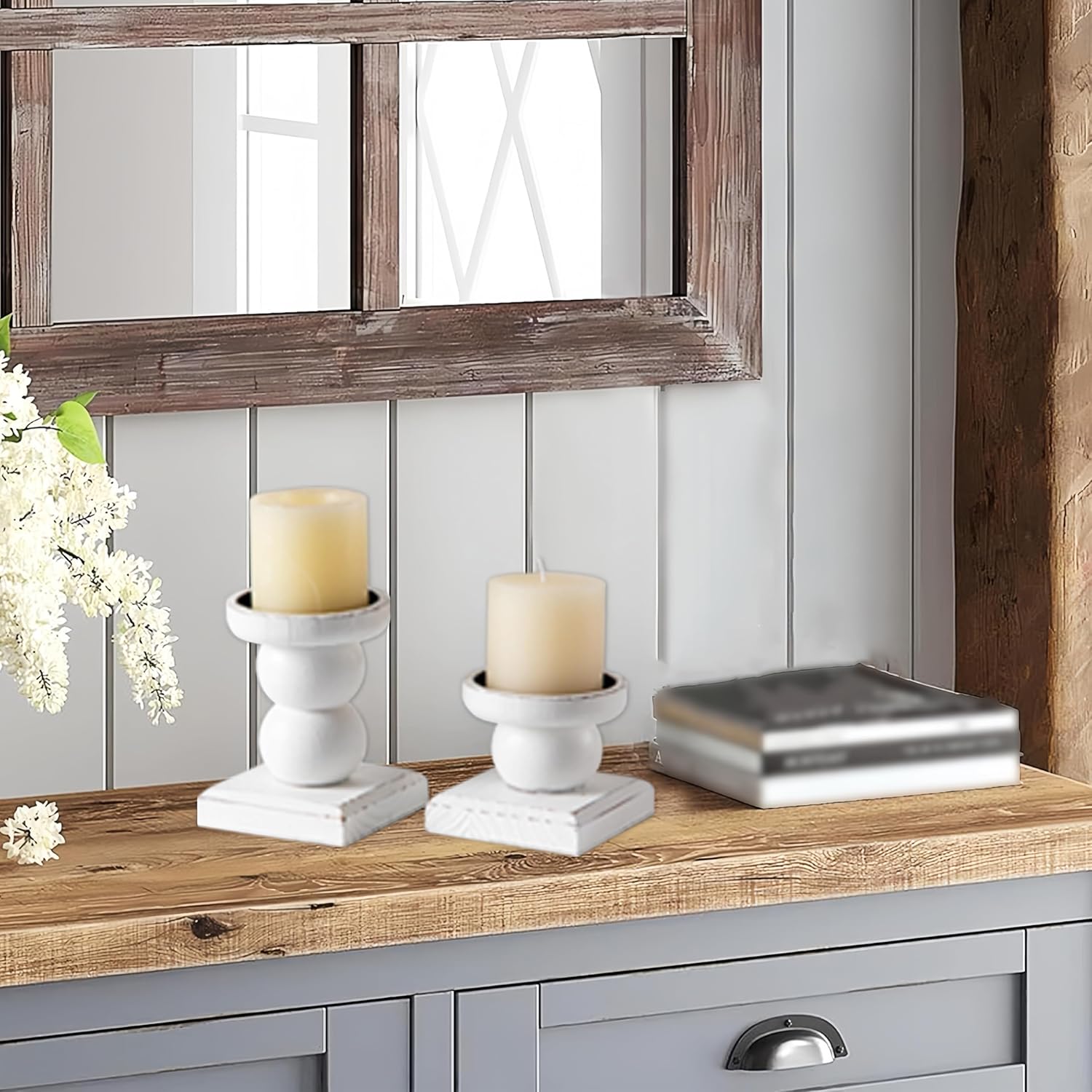 Amazon.com: SOFE White Pillar Candle Holders Set of 2, Rustic Wood ...