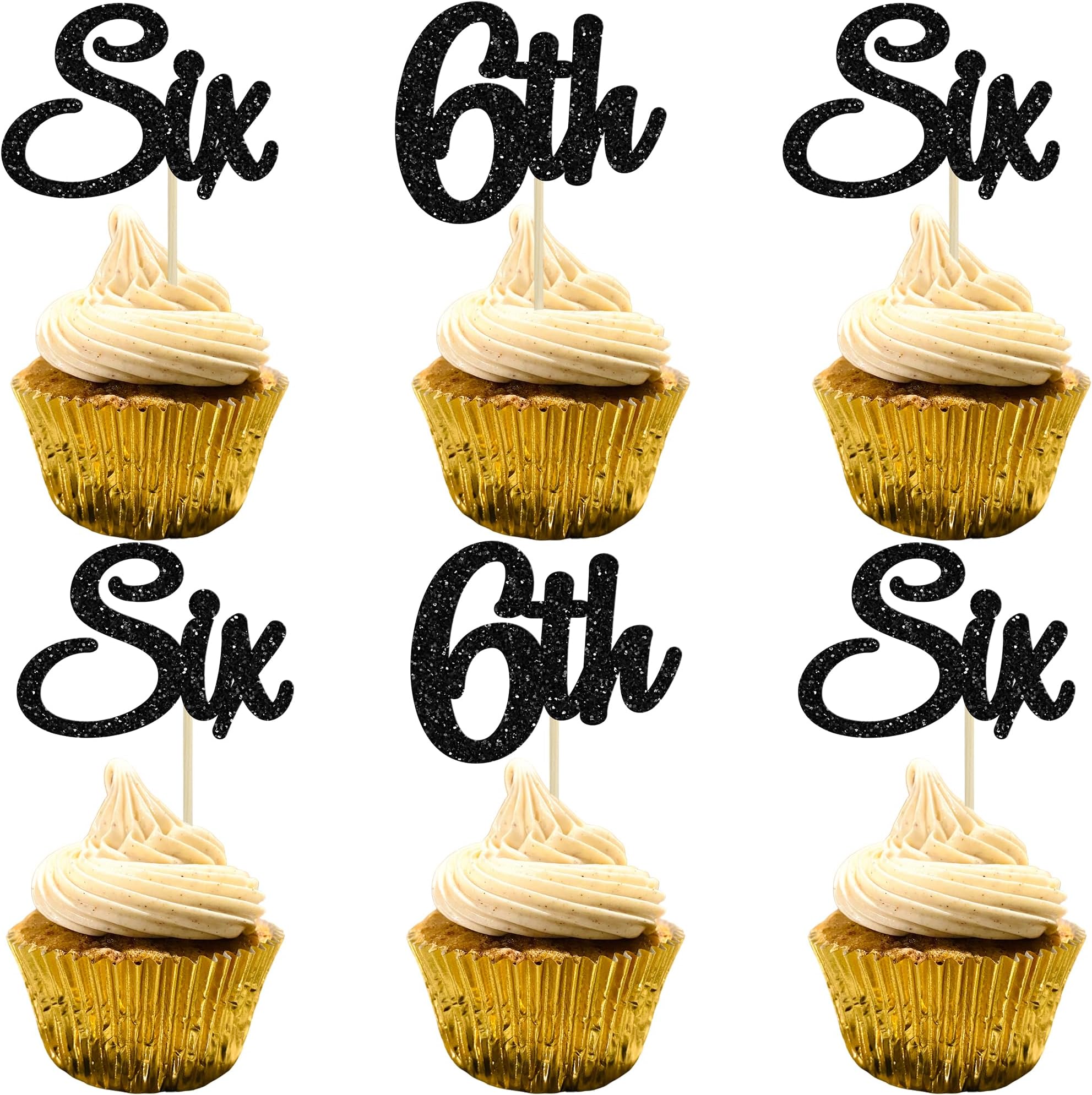 Amazon.com: Newqueen Number 6 Cupcake Toppers Gold Glitter 6th Birthday ...