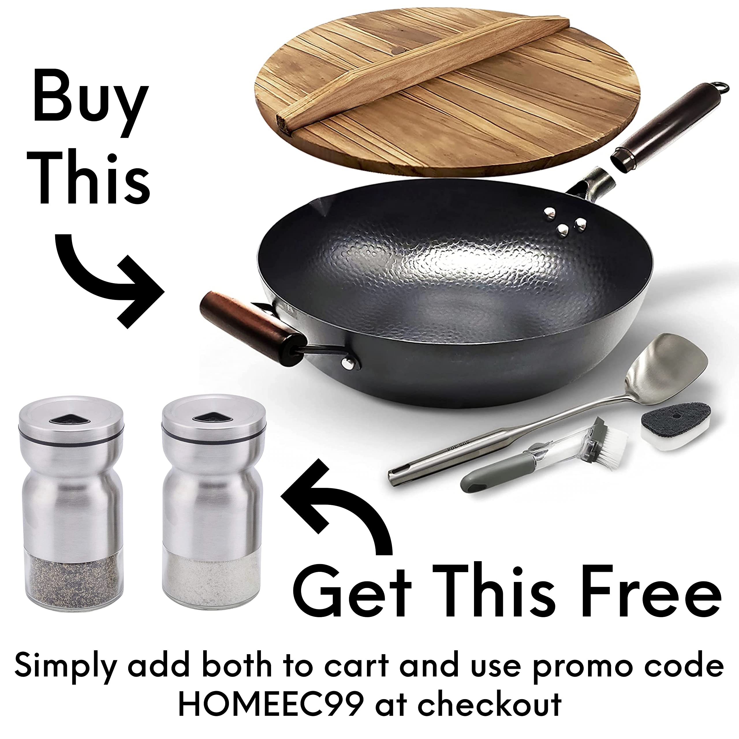 HOME EC Carbon Steel Wok Pan With Lid, Stir Fry Wok Set, Steel Spatula ...