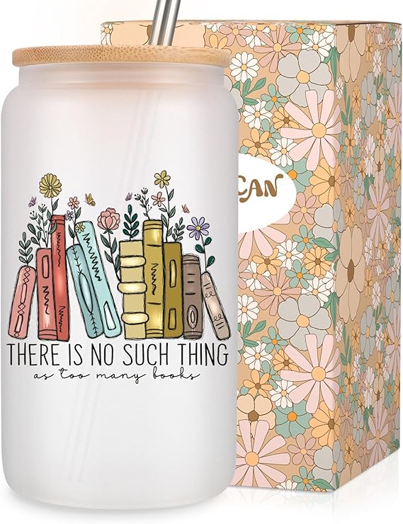 Amazon.com: LEADO 16oz Glass Cups with Lid and Straw - Book Gifts, Book ...