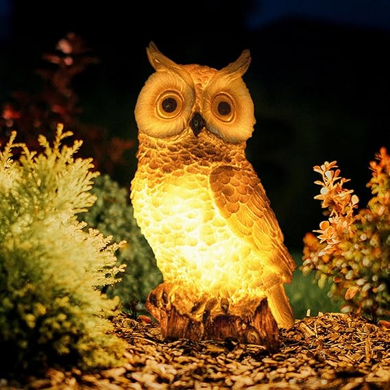 WONDHOME Solar Owl Garden Statues Outdoor Decor Resin Owl Figurine with ...