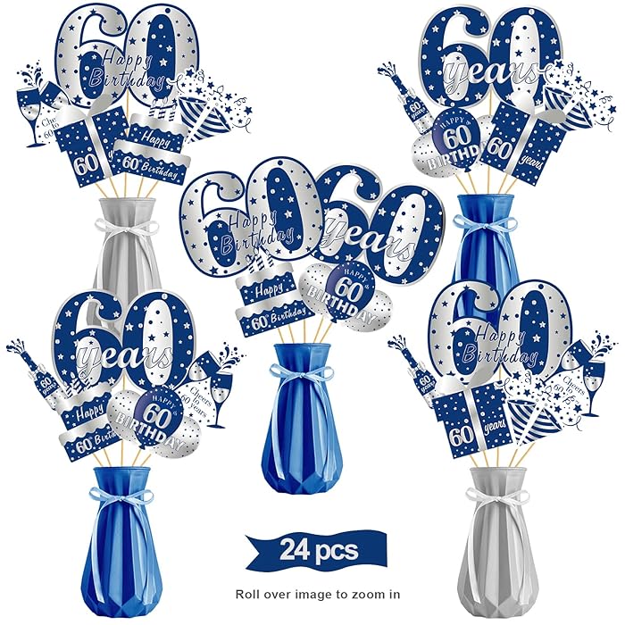 Buy 24Pcs 60th Birthday Decorations Table Centerpiece Sticks, Blue ...