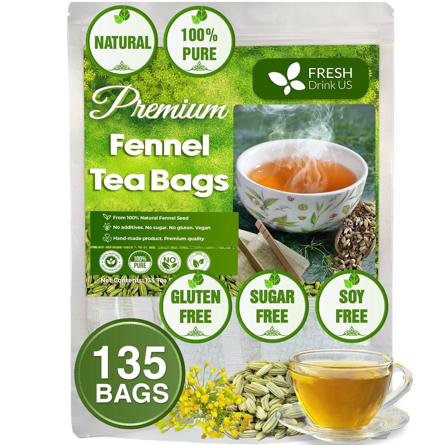 Amazon.com : FreshDrinkUS, Premium 135 Fennel Tea Bags, 100% Natural ...