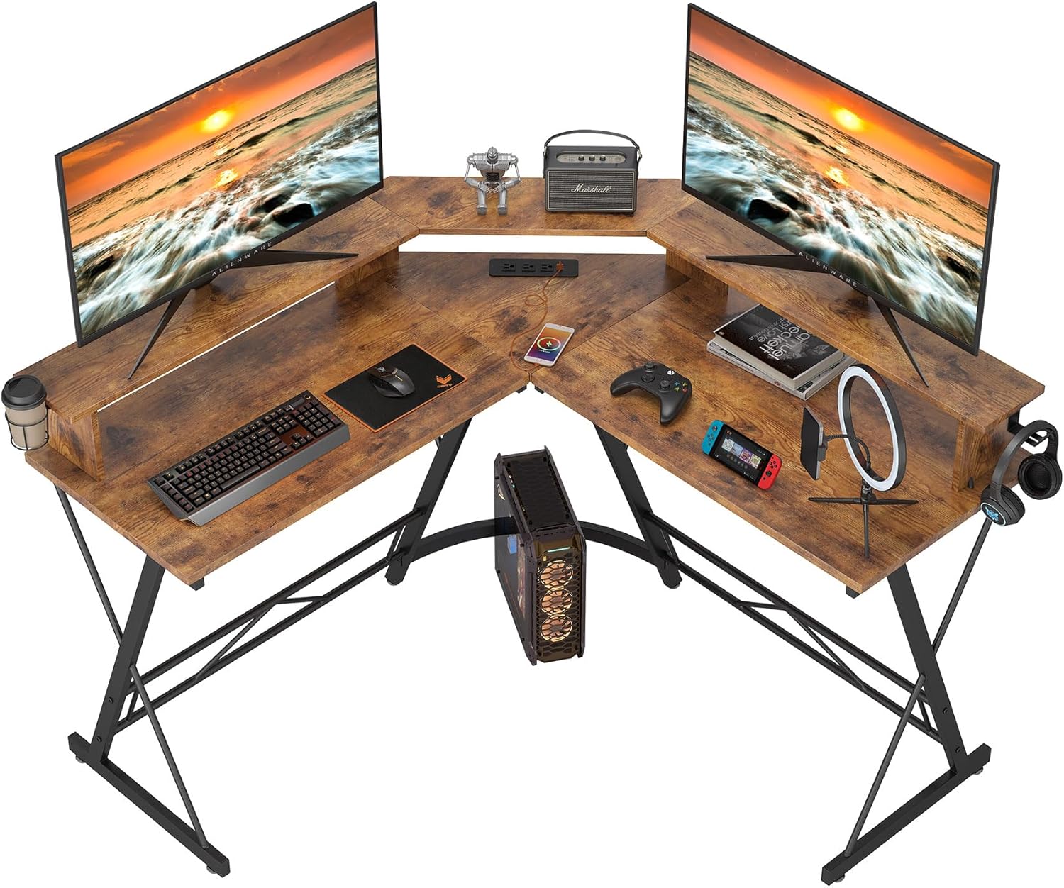 Mr IRONSTONE L Shaped Coner Desk with Power Outlet, Computer Desk with ...