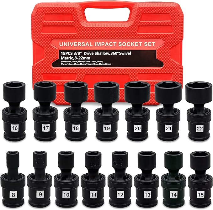 Shallow Swivel Impact Socket Set, Premium Cr-Mo Steel | 15-Piece Metric ...