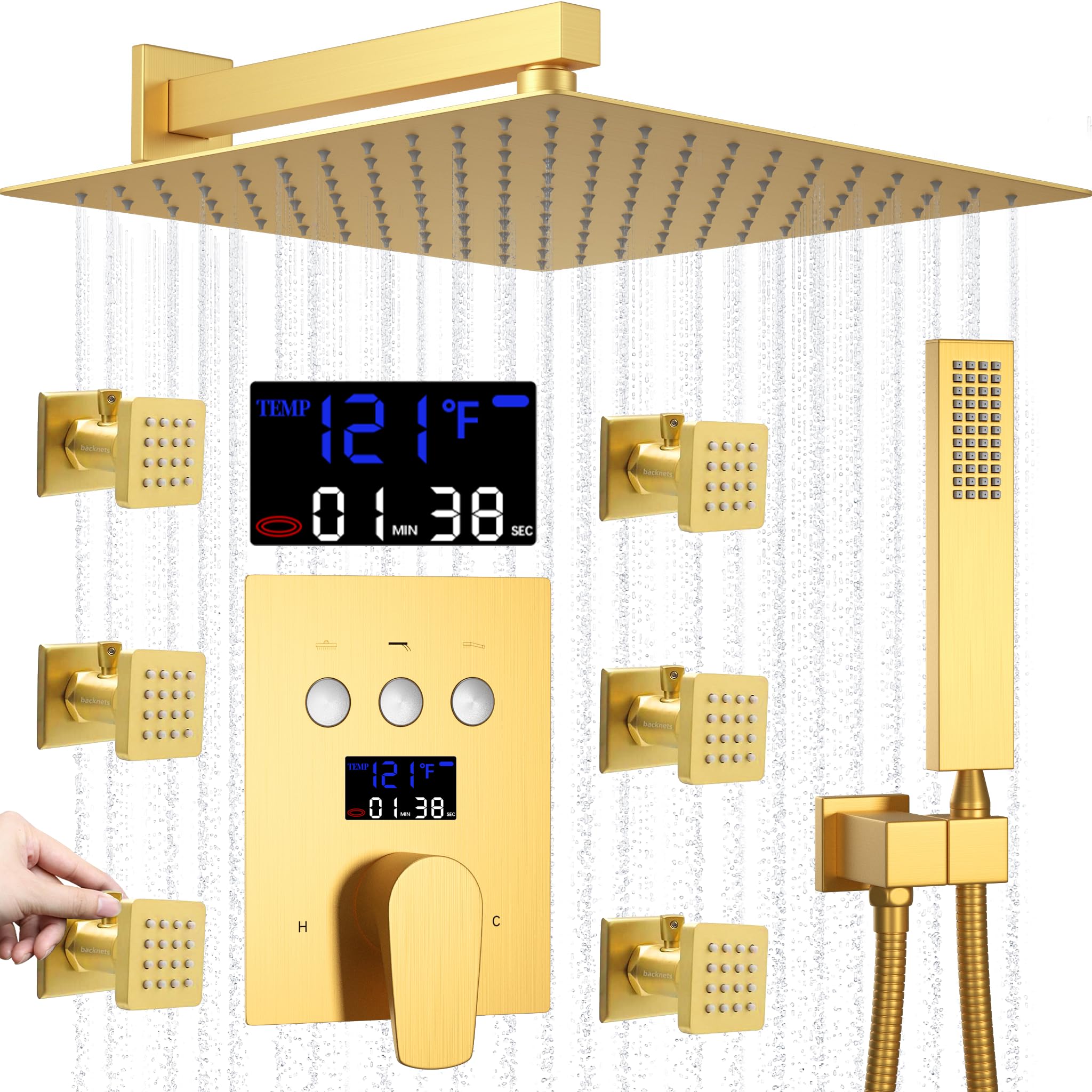 AYIVG Brushed Gold Shower Jets System in Wall Temperature Display ...