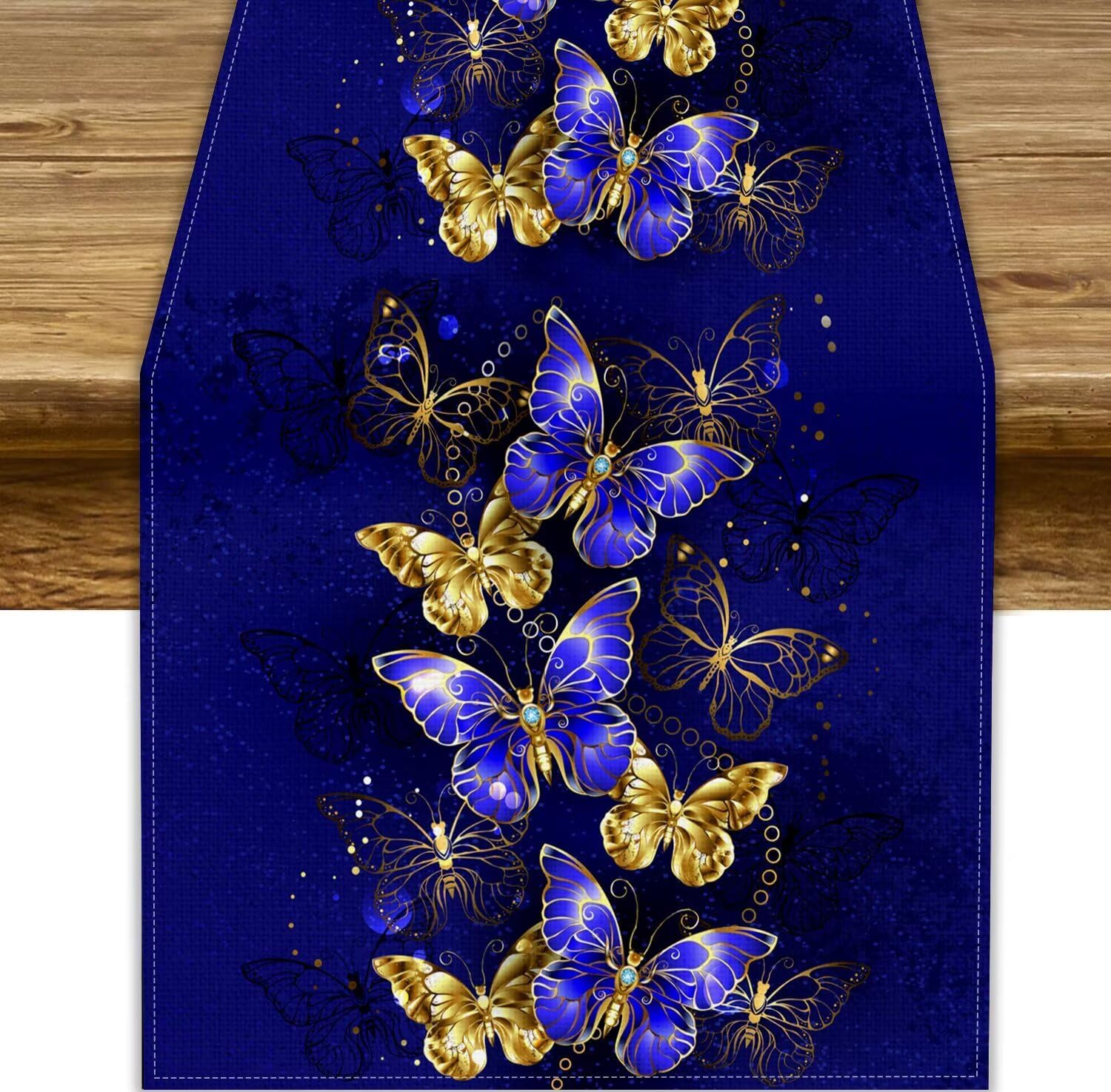 Amazon.com: Blue Butterfly Table Runner, Luxurious Golden Navy Blue ...