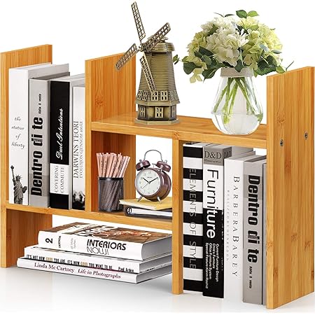 Amazon.com : Adjustable Natural Wood Desktop Bookshelf Bamboo Desk ...