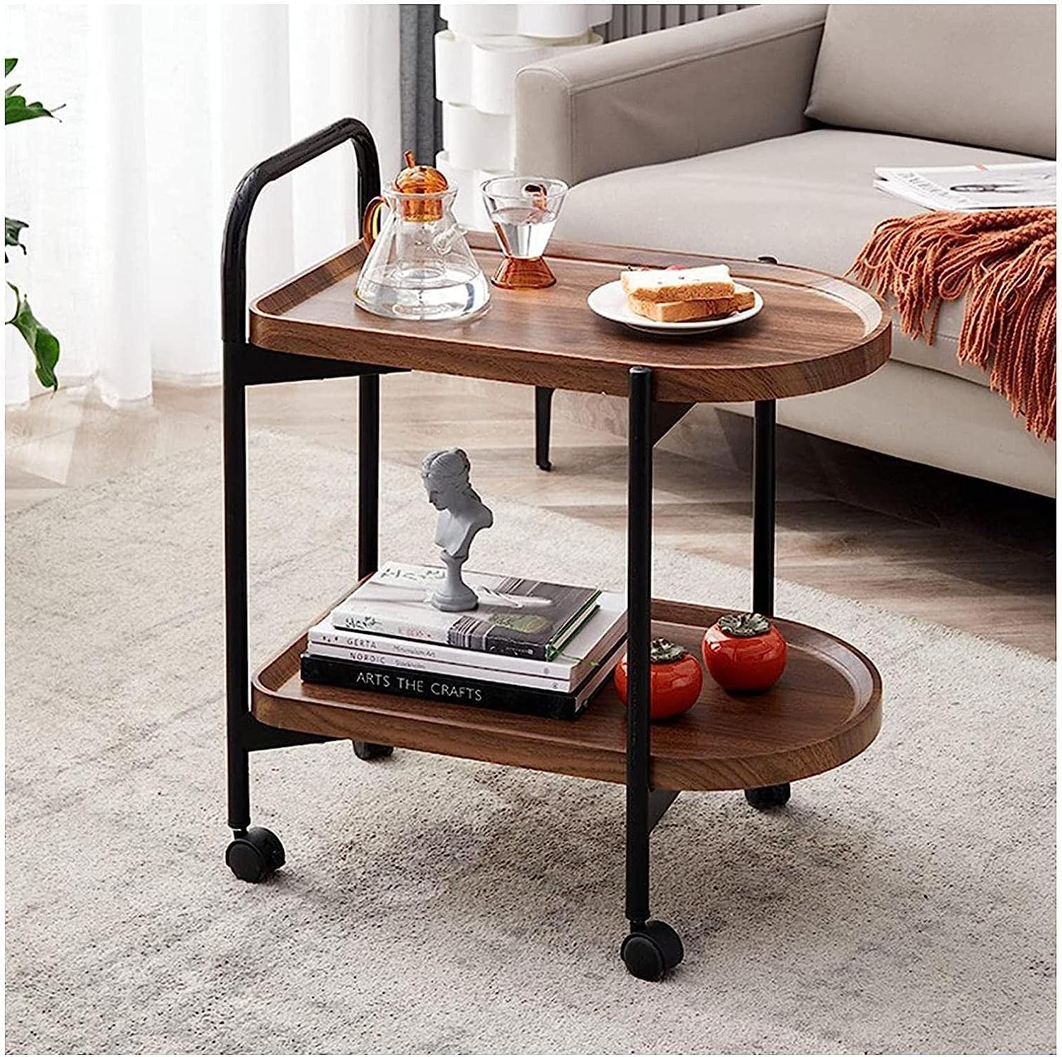 Amazon.com: POCHY Serving Cart 2-Tier Wooden End Table with Wheels ...