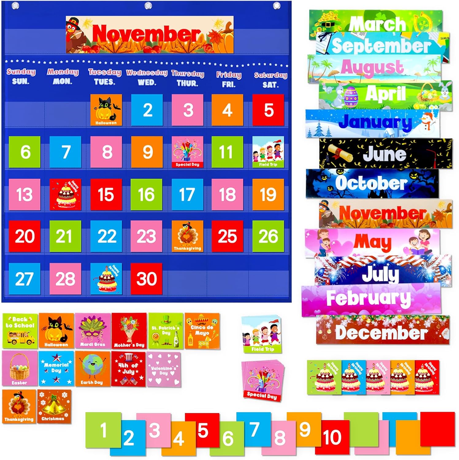 VNOM Blue Calendar Pocket Chart for Classroom,School Pocket Calendar ...