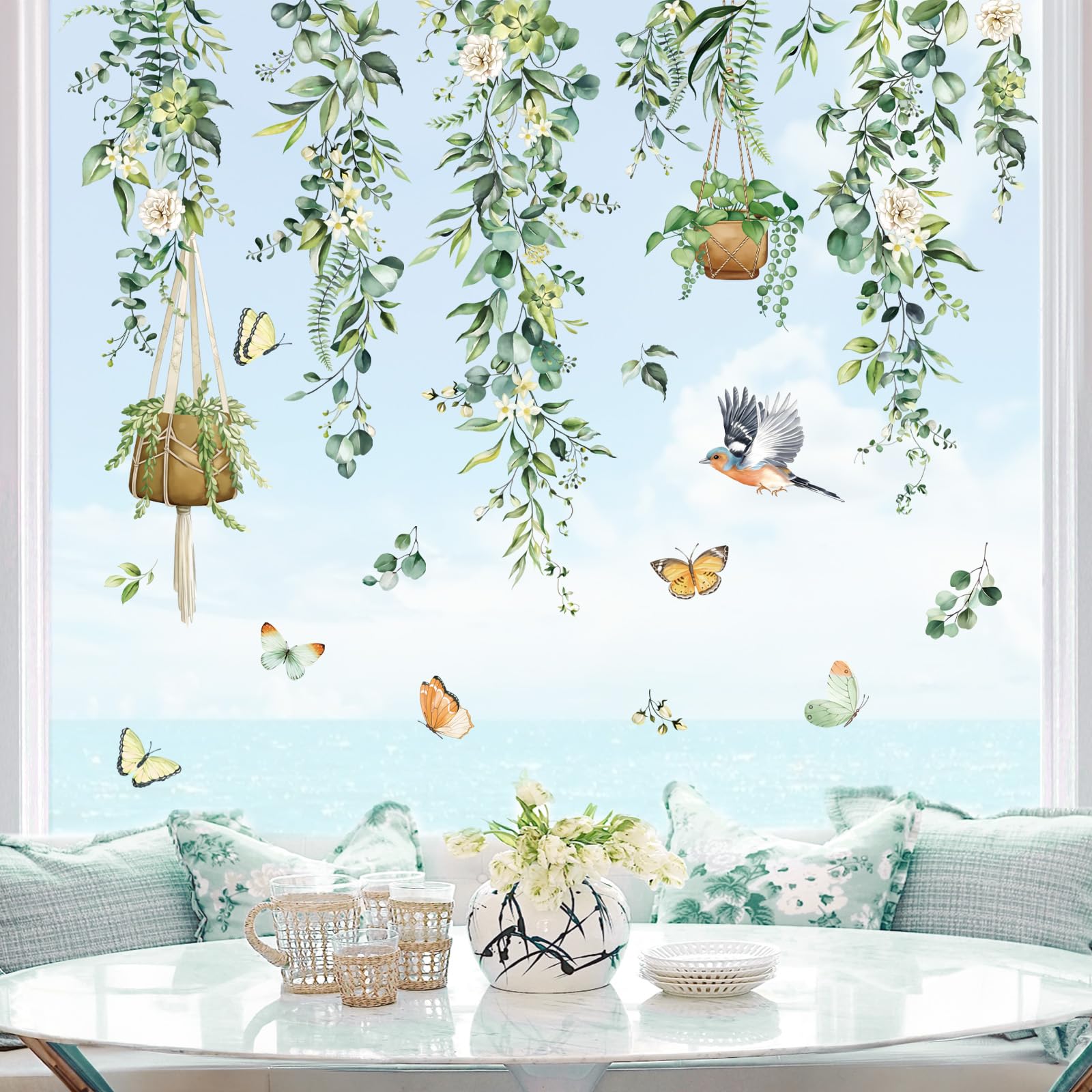 decalmile Spring Hanging Vine Double Sided Window Clings Green Leaves ...