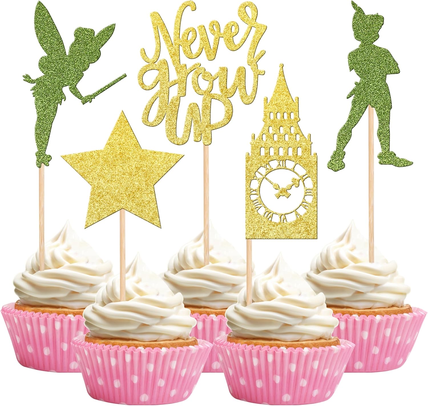 Amazon.com: 30 PCS Never Grow Up Cupcake Toppers Glitter Neverland ...