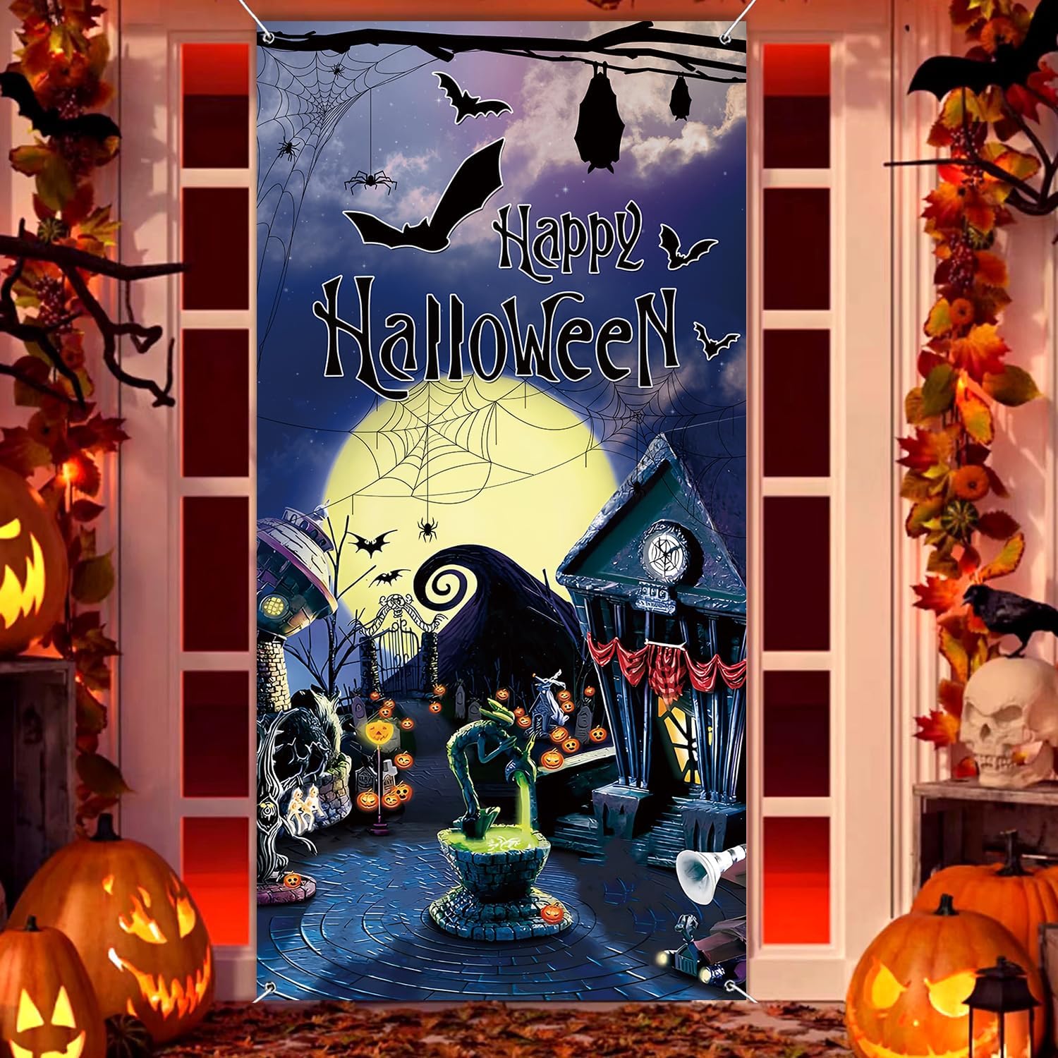 Amazon.com: Night Halloween Door Cover Decorations, Purple Halloween ...