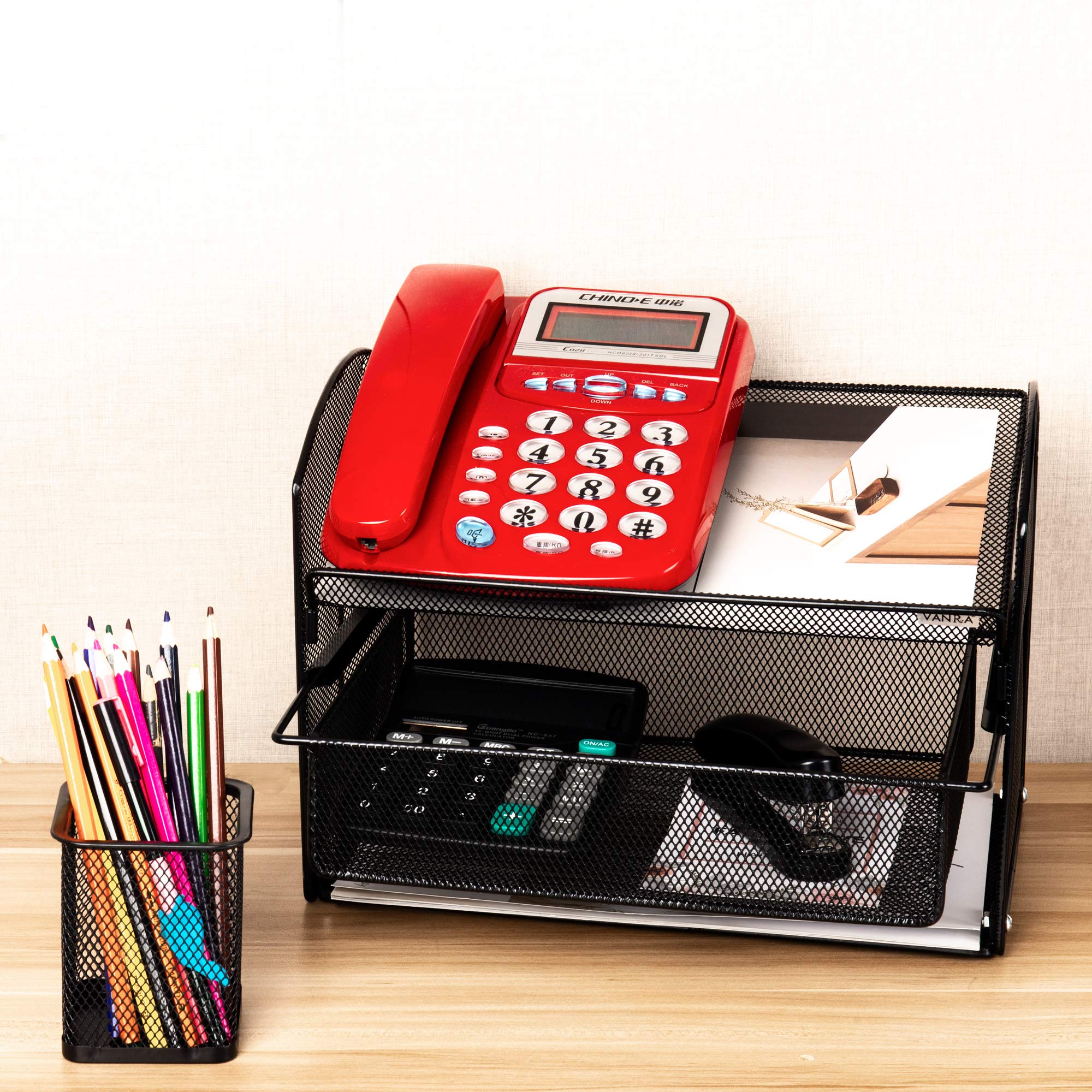 Snapklik.com : VANRA Desk Organizer Set Metal Mesh Desktop Telephone Stand