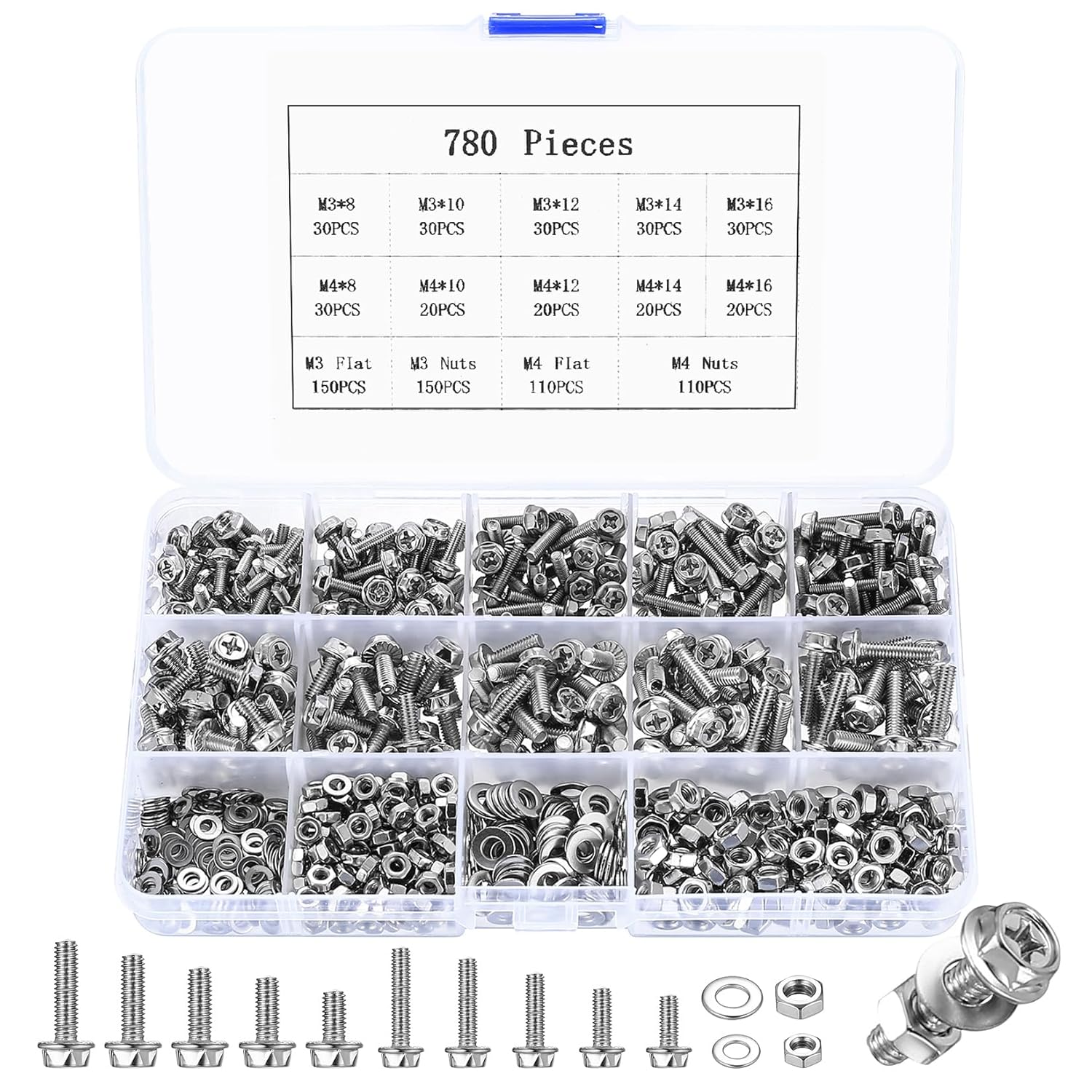 780 Pcs M3 M4 Assorted Bolts and Nuts Set, Machine Screws Nuts Set with ...