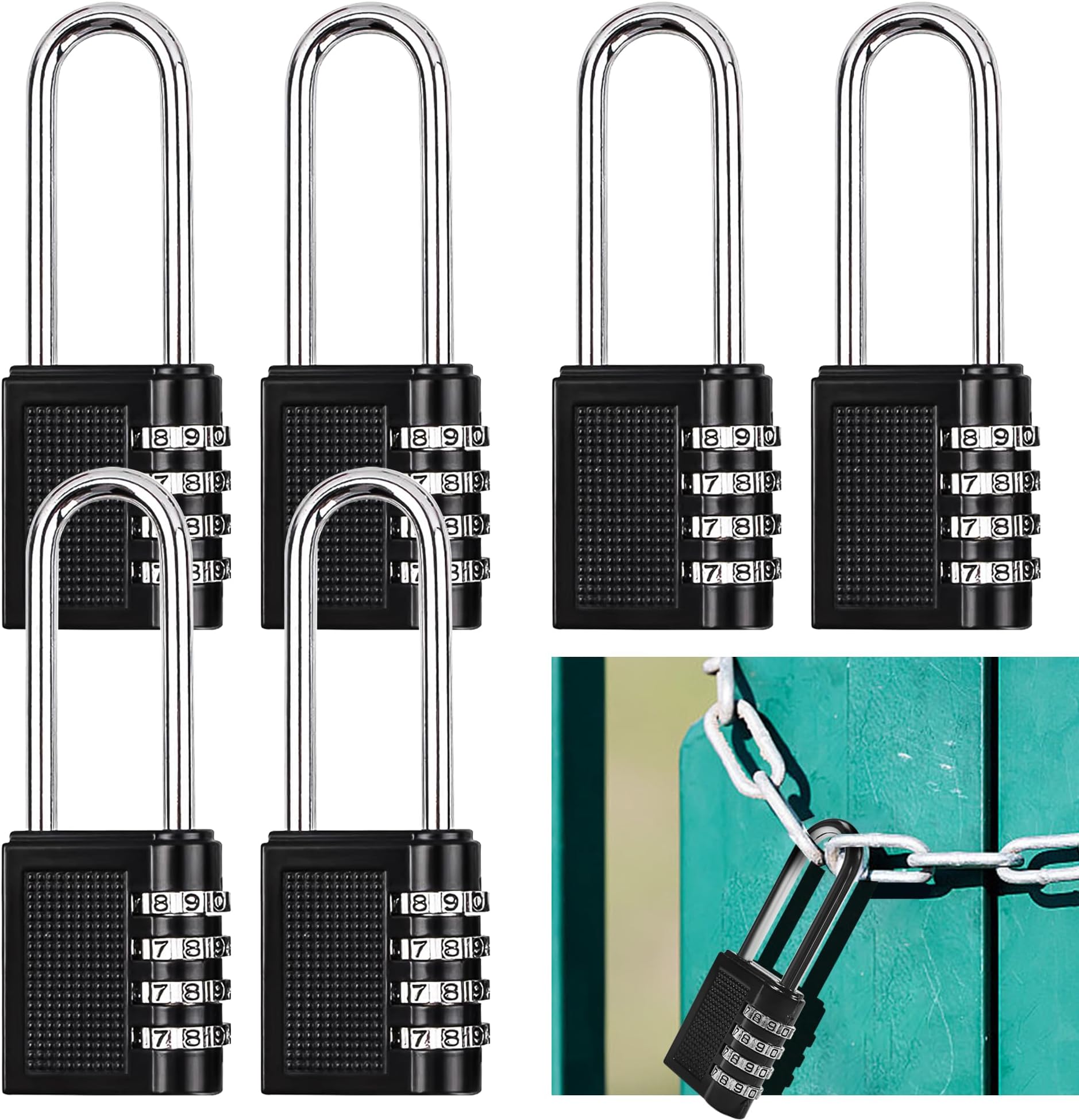 WeeGoo 6 Pack Heavy Duty Long Shackle Combination Padlocks, Outdoor ...